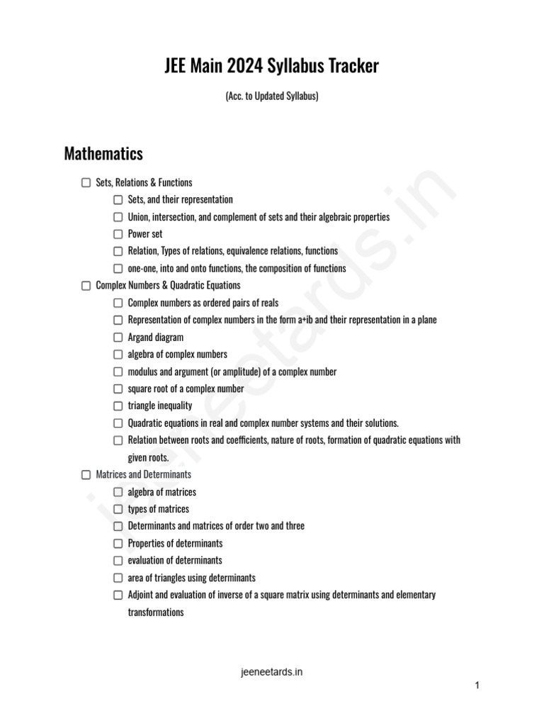 JEE Main 2024 Detailed Syllabus Tracker | PDF | Integral ...