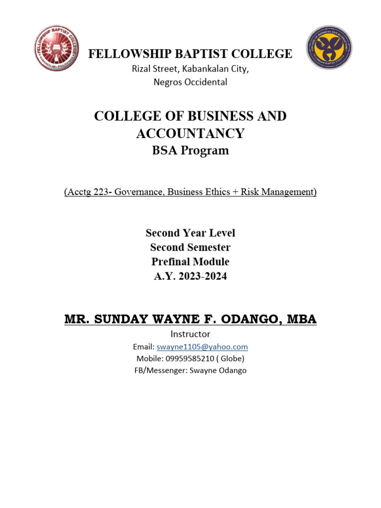 Prefinal Module Acctg 223 Governance Ethics and Risk | PDF | Regulatory Compliance | Risk