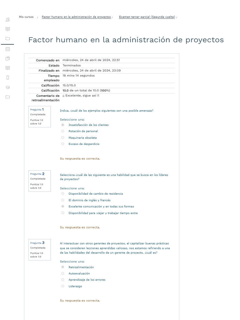 Examen Tercer Parcial (Segunda Vuelta) Factor Humano en La Administracion de Proyectos | PDF ...