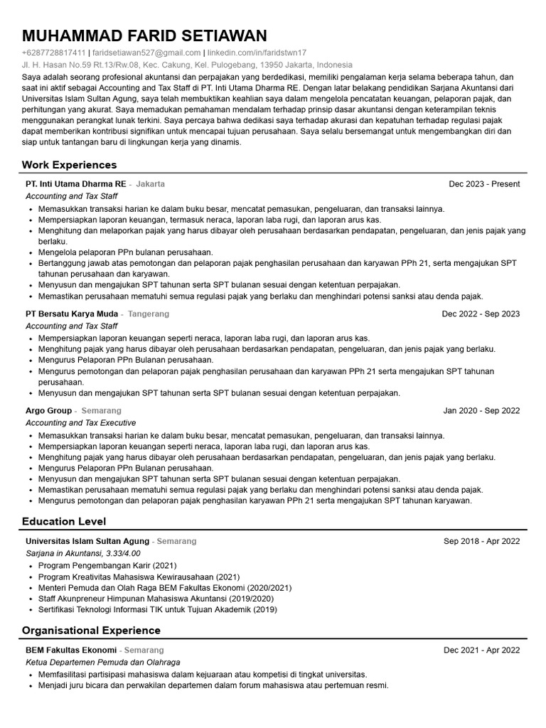 Muhammad Farid Setiawan Staff Accounting Resume | PDF | Karier ...