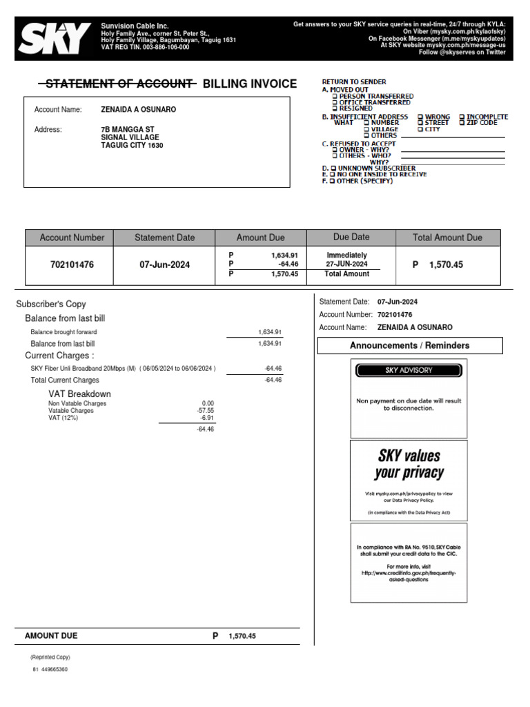Statement of Account Billing Invoice: 702101476 07-Jun-2024 1,570.45 P ...