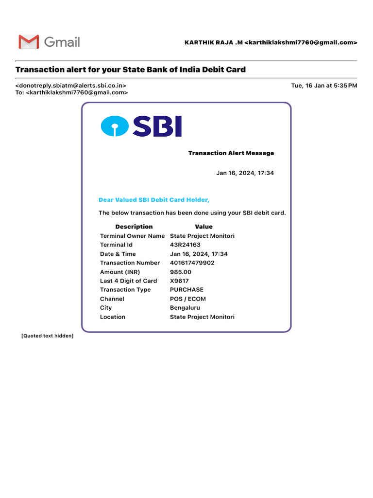 SBI Debit Card Transaction Alert | PDF