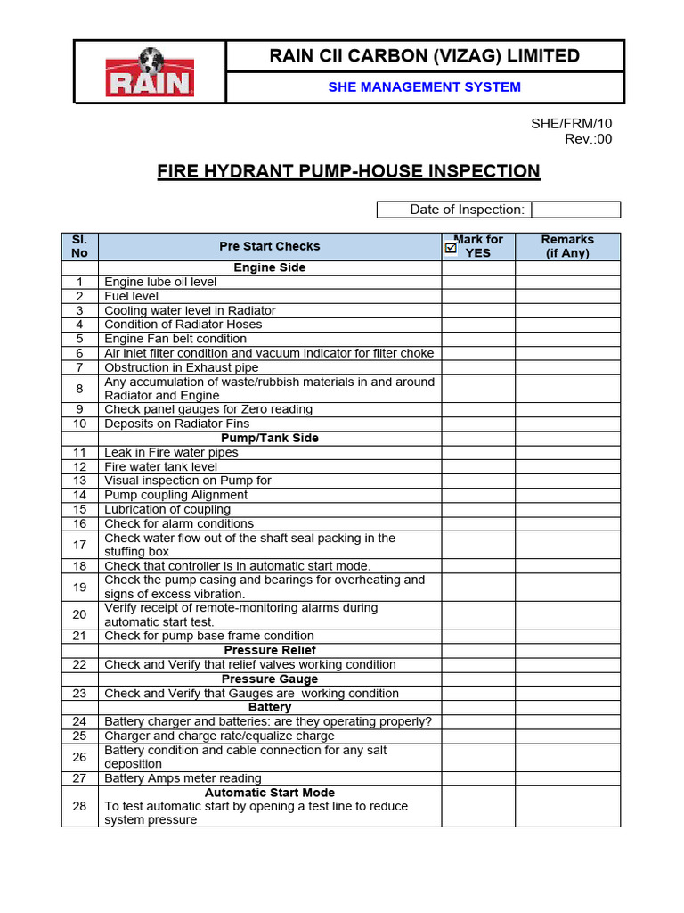 SHE-FRM-10 Fire Hydrant Pumphouse Inspection | Download Free PDF | Pump ...