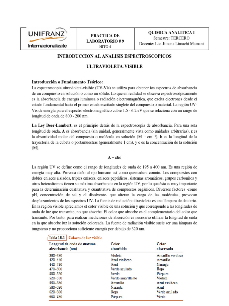 Practica de Laboratorio 9 Qan I Espectrofotometria-Curva de Calibracion ...