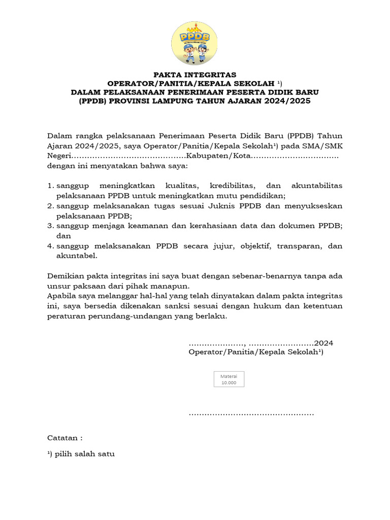 Pakta Integritas PPDB Lampung 2024 | PDF