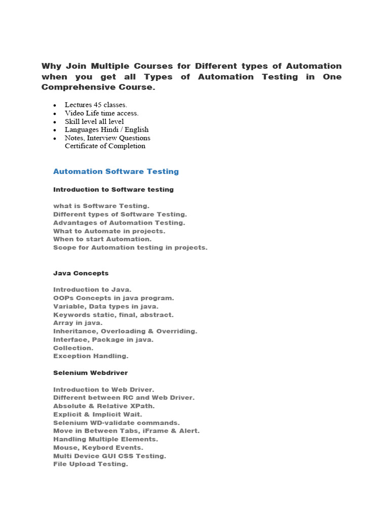 Automation Testing Course Pdf Selenium Software Java Programming Language