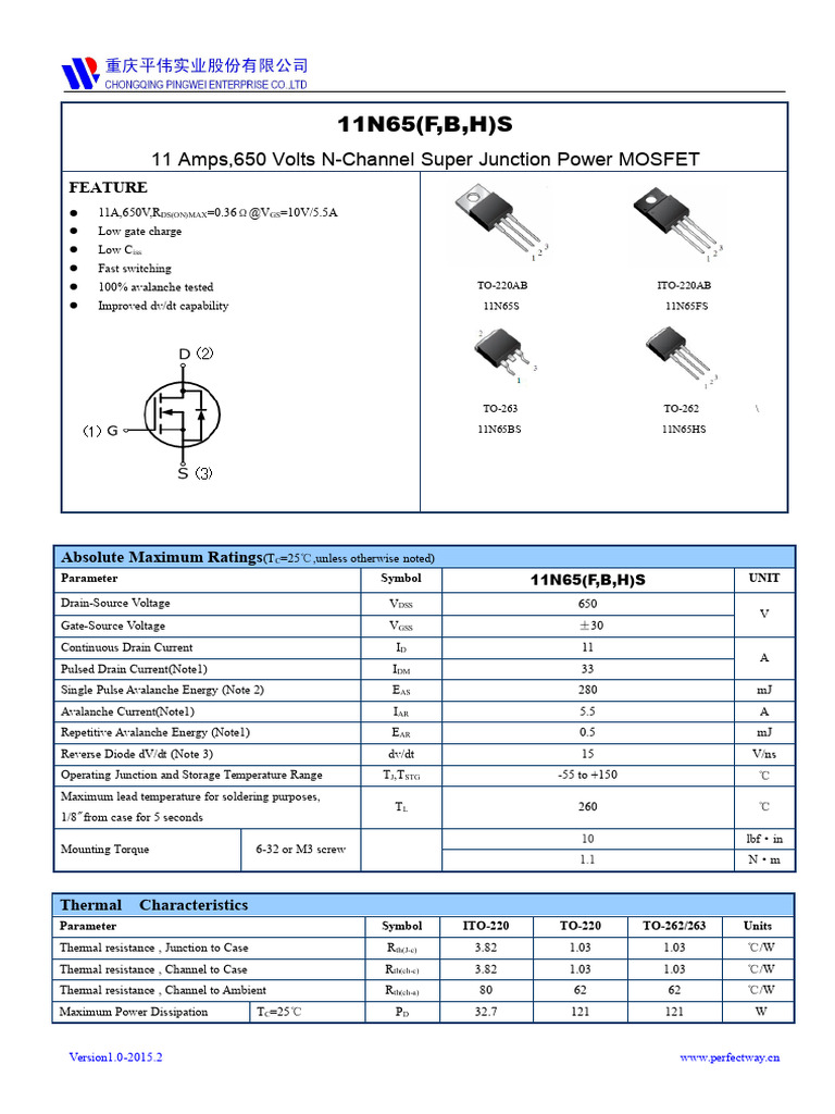11N65S Pingwei | PDF | Field Effect Transistor | Diode