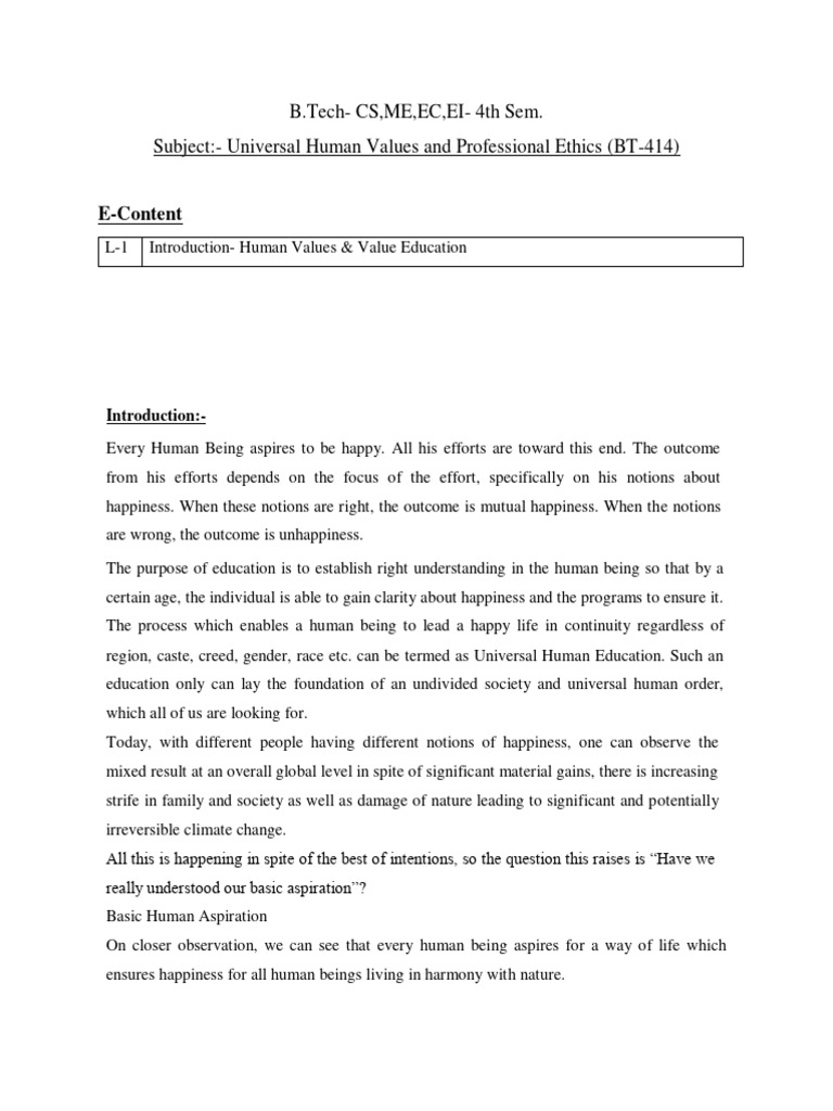 B.Tech-CS, ME, EC, EI - 4th Sem. Subject: - Universal Human Values and Professional Ethics (BT ...