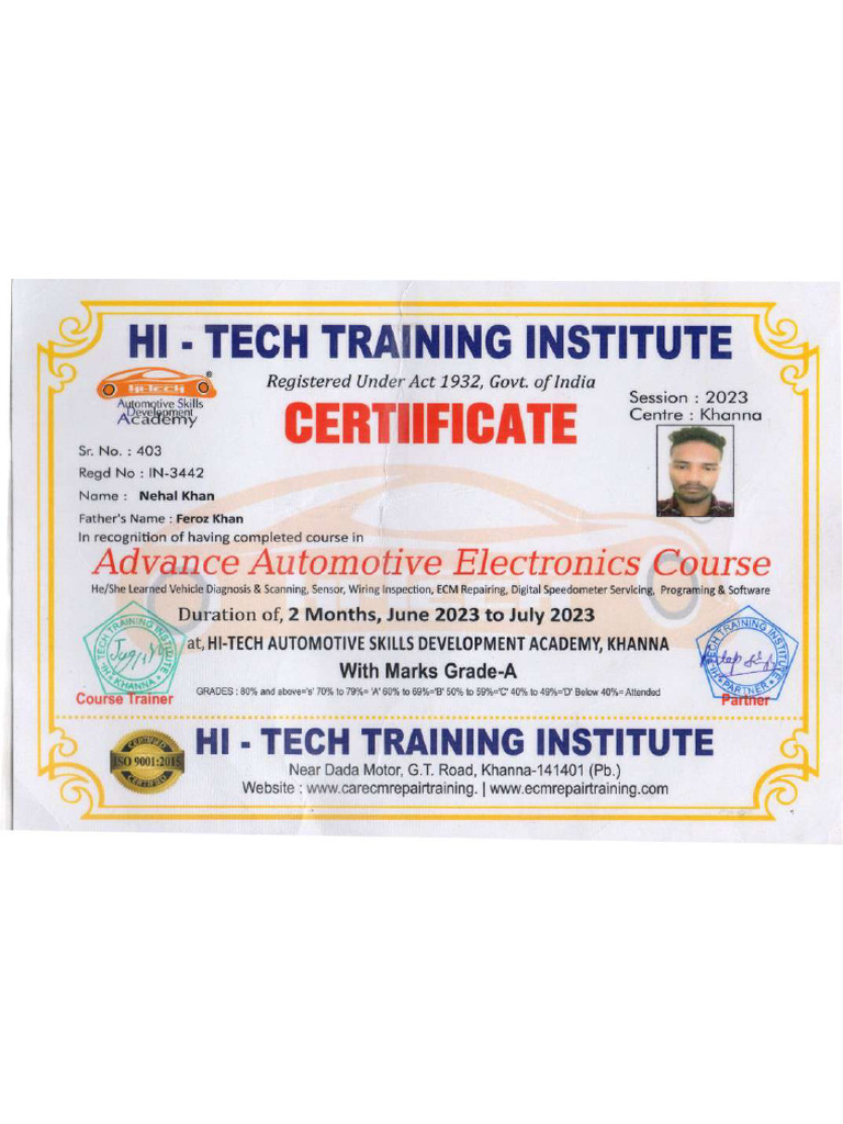 AUTOMOTIVE Course Certificate | PDF