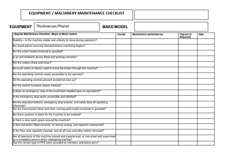 Equipment Machinery Maintenance Checklist | PDF