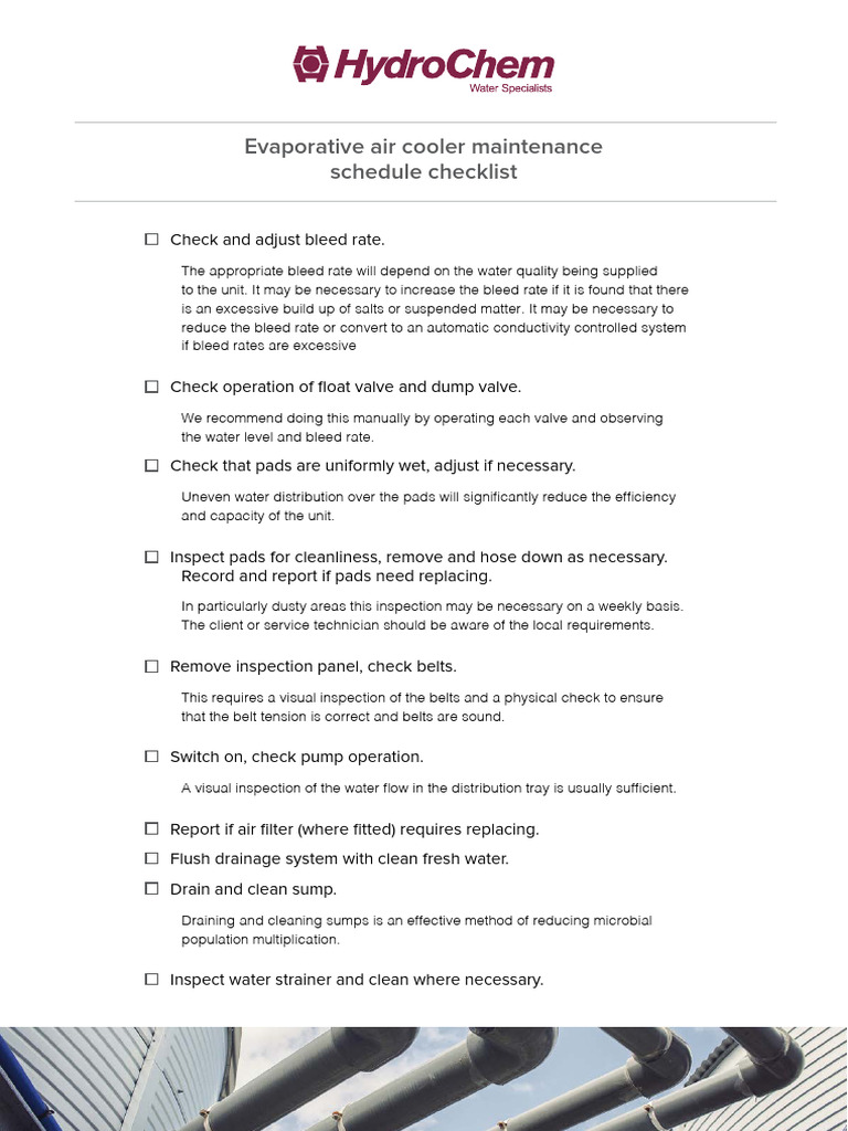 Cooler Maintenance Schedule Checklist | Download Free PDF | Water | Pump