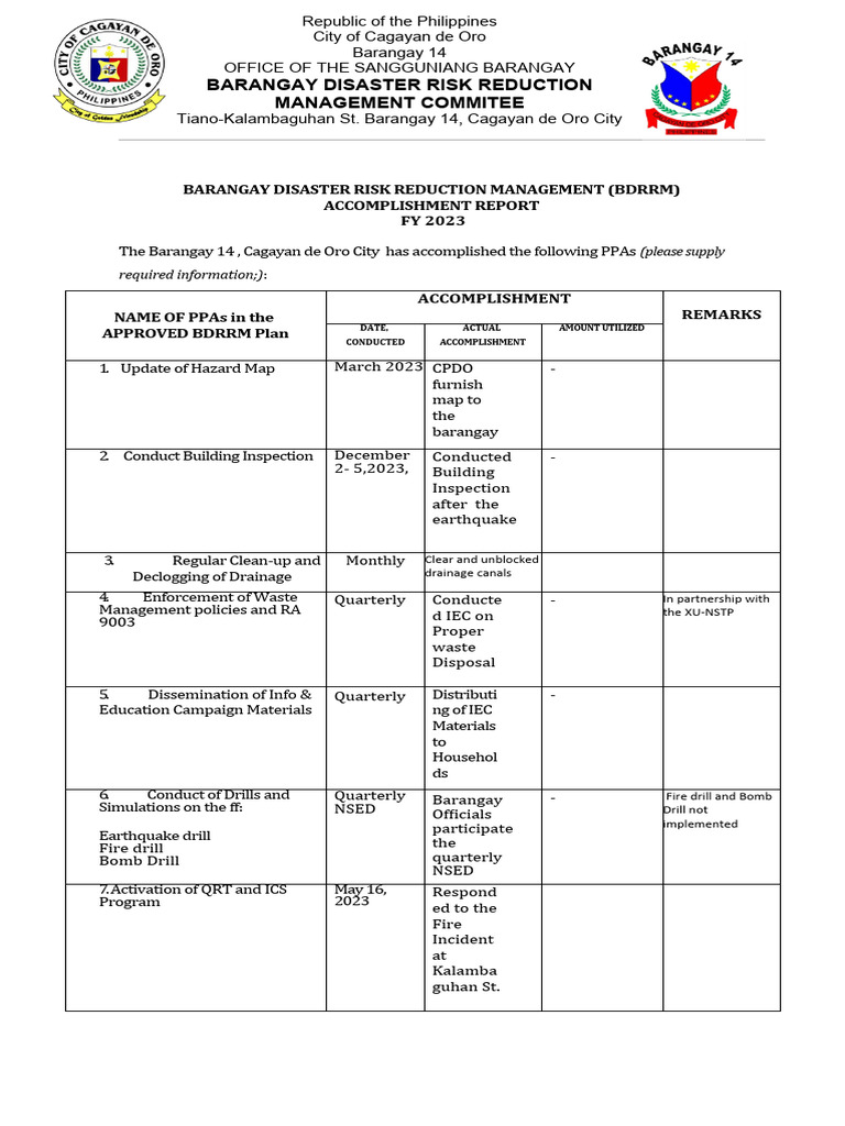 BDRRMC Accomplishment Report and Utilization of Funds | PDF | Safety ...