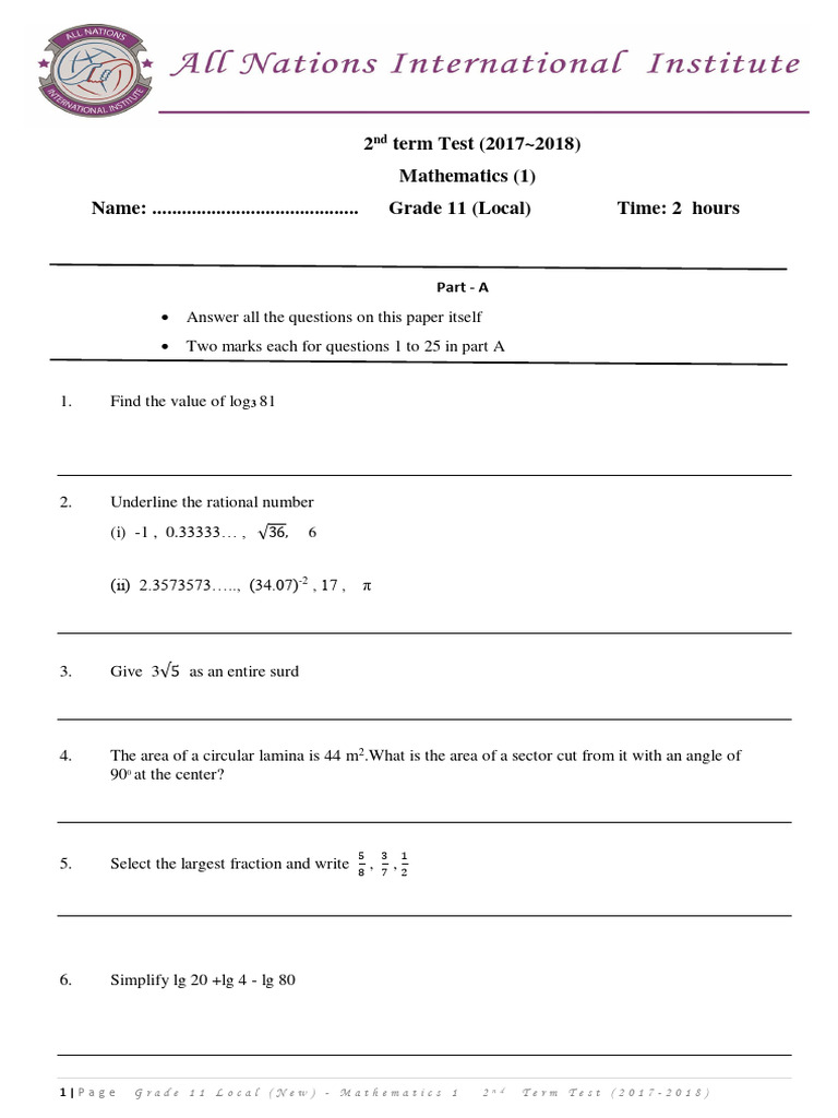 Grade 11 Mathematics 2nd Term Test | PDF | Area | Mathematics