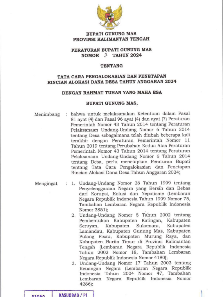 PERBUB ADD KAB GUNUNG MAS No. 2 Tahun 2024 | PDF