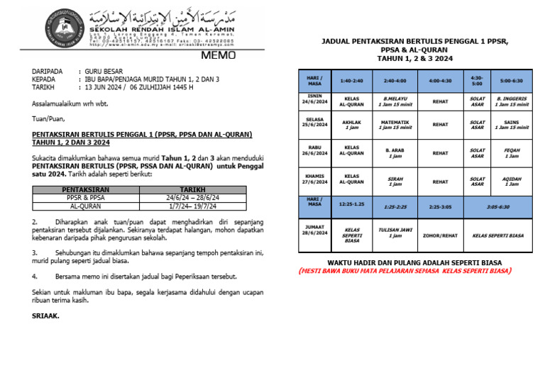 Memo PB1 Tahun 123 PPSR Dan Ppsa Dan Jadual | PDF