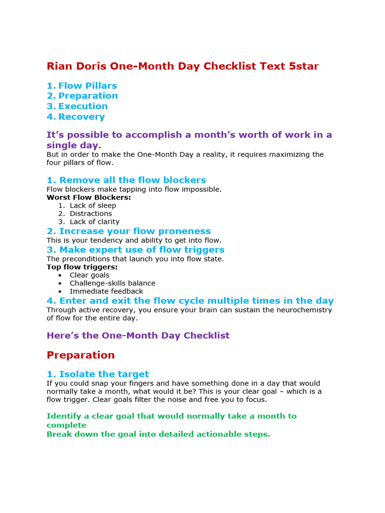 Rian Doris One-Month Day Checklist | PDF | Neuroscience