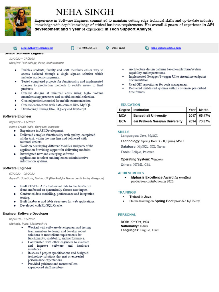 Neha Resume - Software Engineer | PDF | Software | Databases