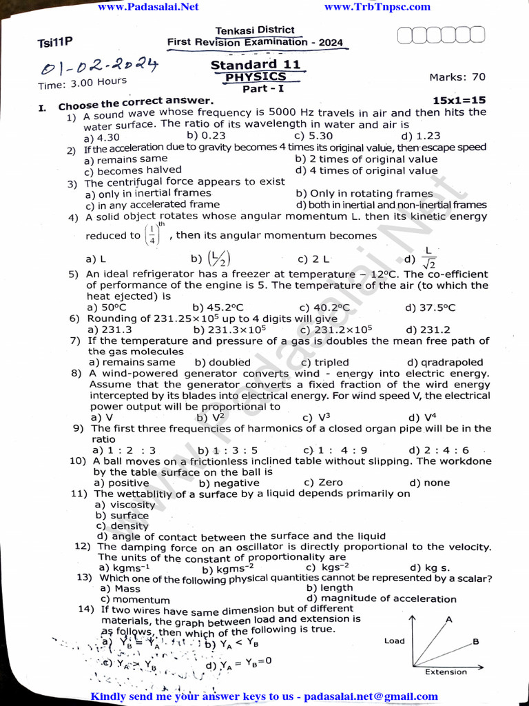 11th Physics EM 1st Revision Exam 2024 Question Paper Thenkasi District English Medium PDF ...