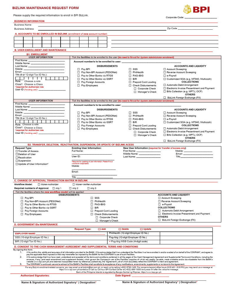 BPI BizLink Maintenance Request Form | PDF | Debit Card | Payments