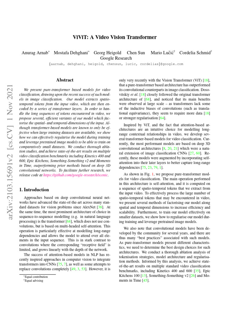 ViViT: A Video Vision Transformer | PDF | Learning | Computing
