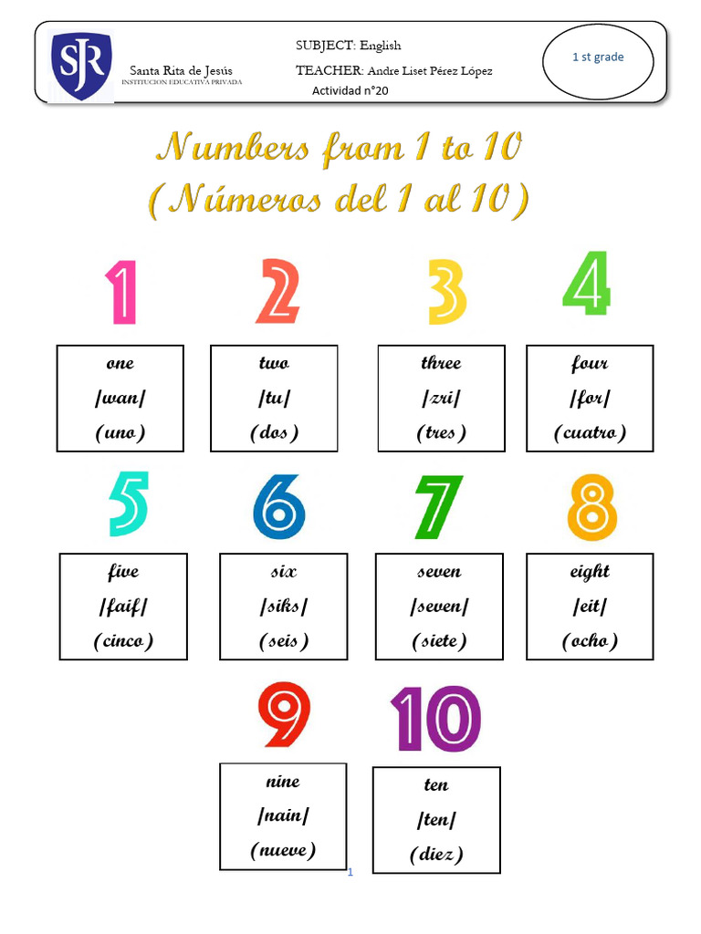 1° Vocabulary 20 - Numbers From 1 To 10 | PDF