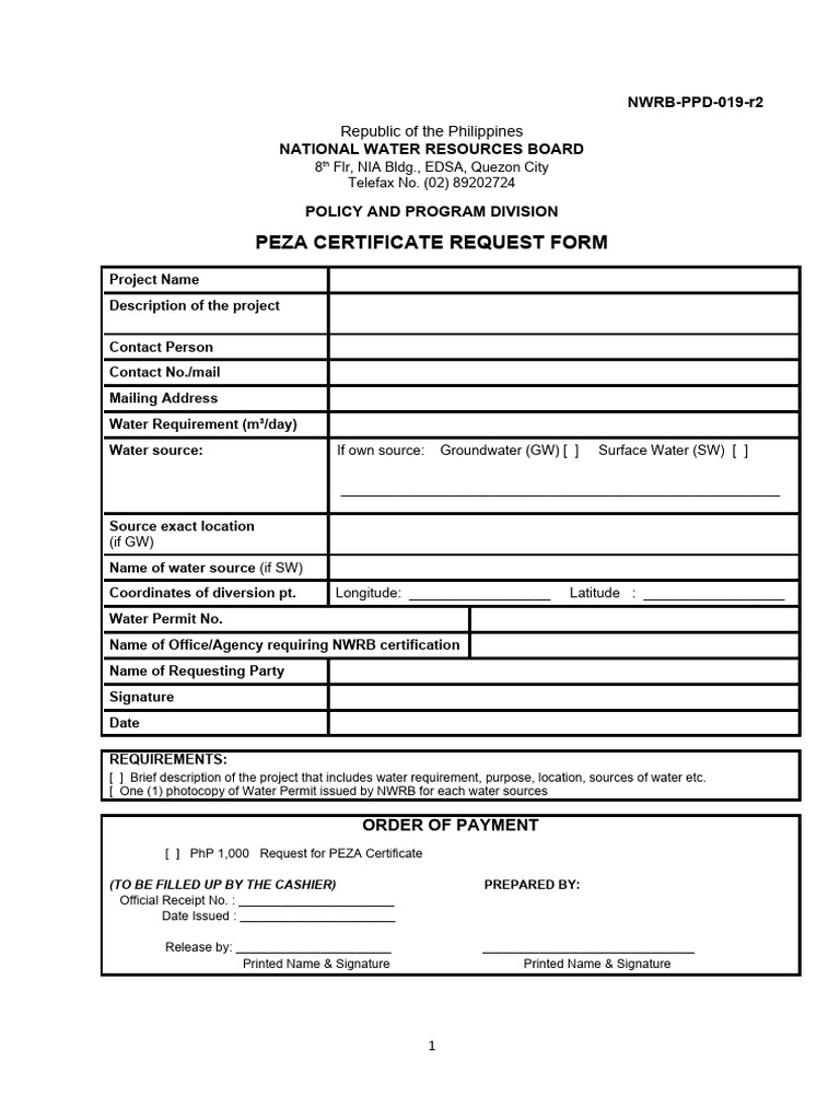 NWRB Revised Water PEZA Certificate Procedure Form 2024 | PDF