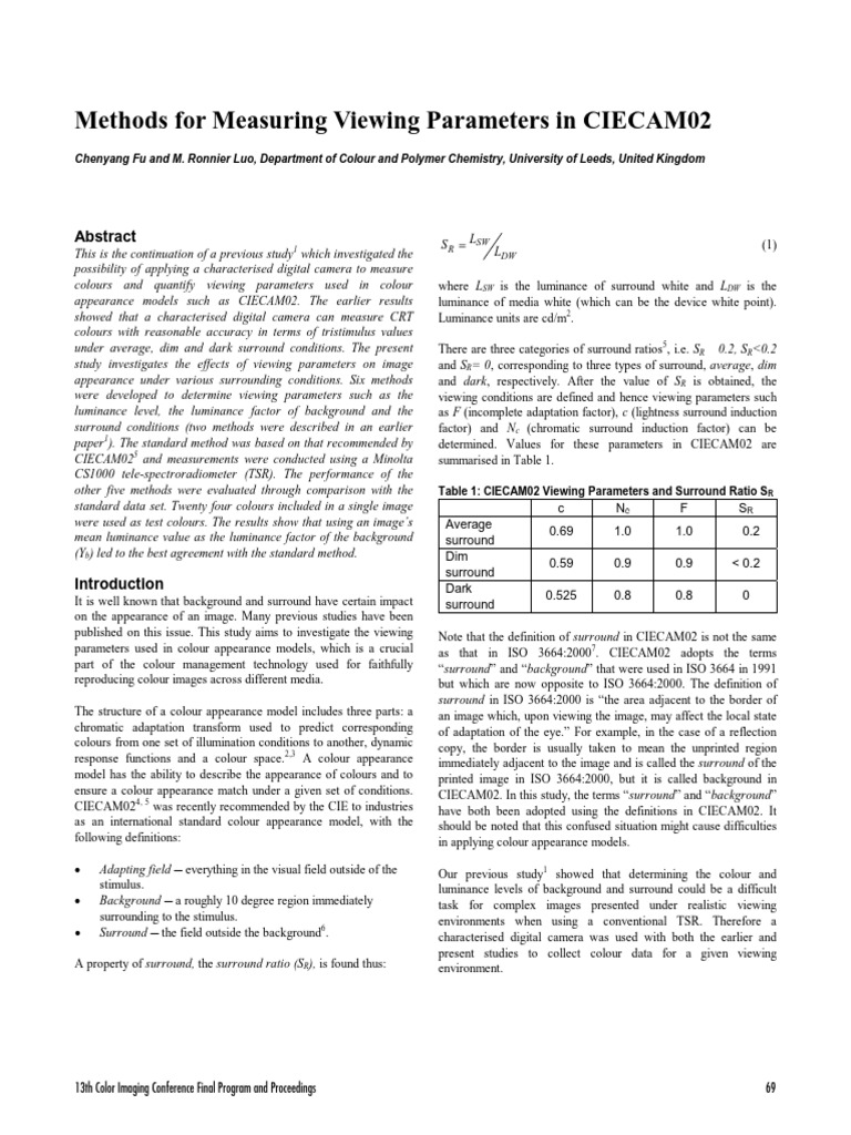 Methods For Measuring Viewing Parameters in CIECAM02 | PDF | Artistic Techniques | Psychophysics