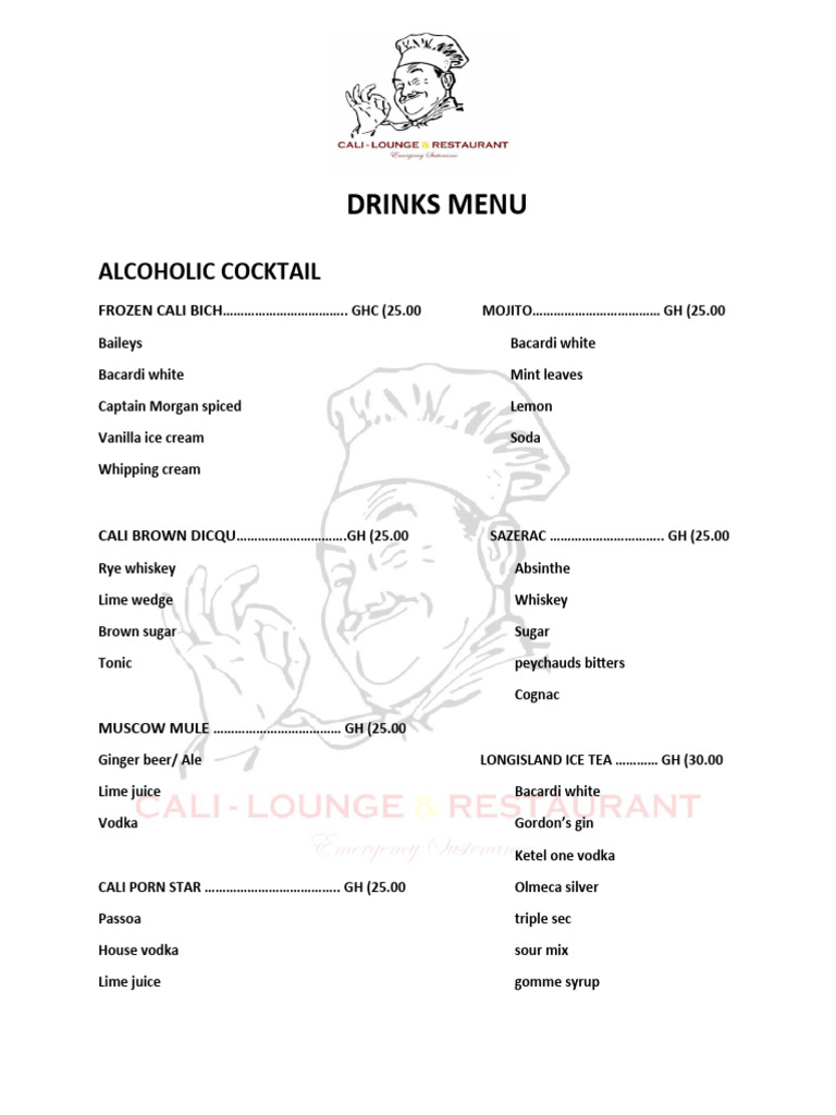Cali Lounge Cocktail Menu | Download Free PDF | Martini (Cocktail ...