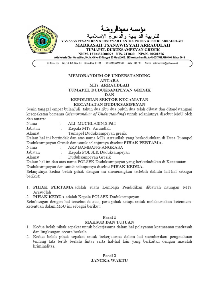 MOU MTs ARRAUDLAH | PDF