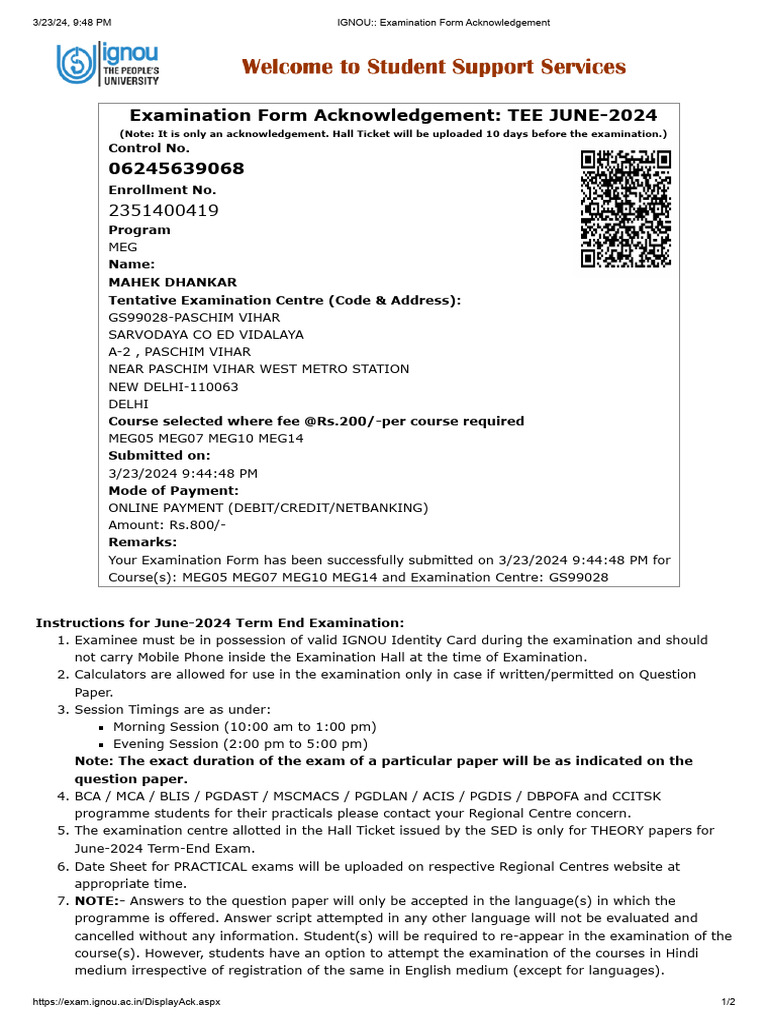 IGNOU - Examination Form Acknowledgement | PDF | Banking Technology ...