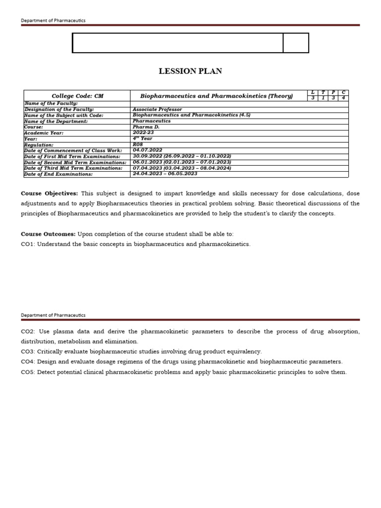 BPPK Lesson Plan 2022-23 | PDF | Pharmacokinetics | Drugs