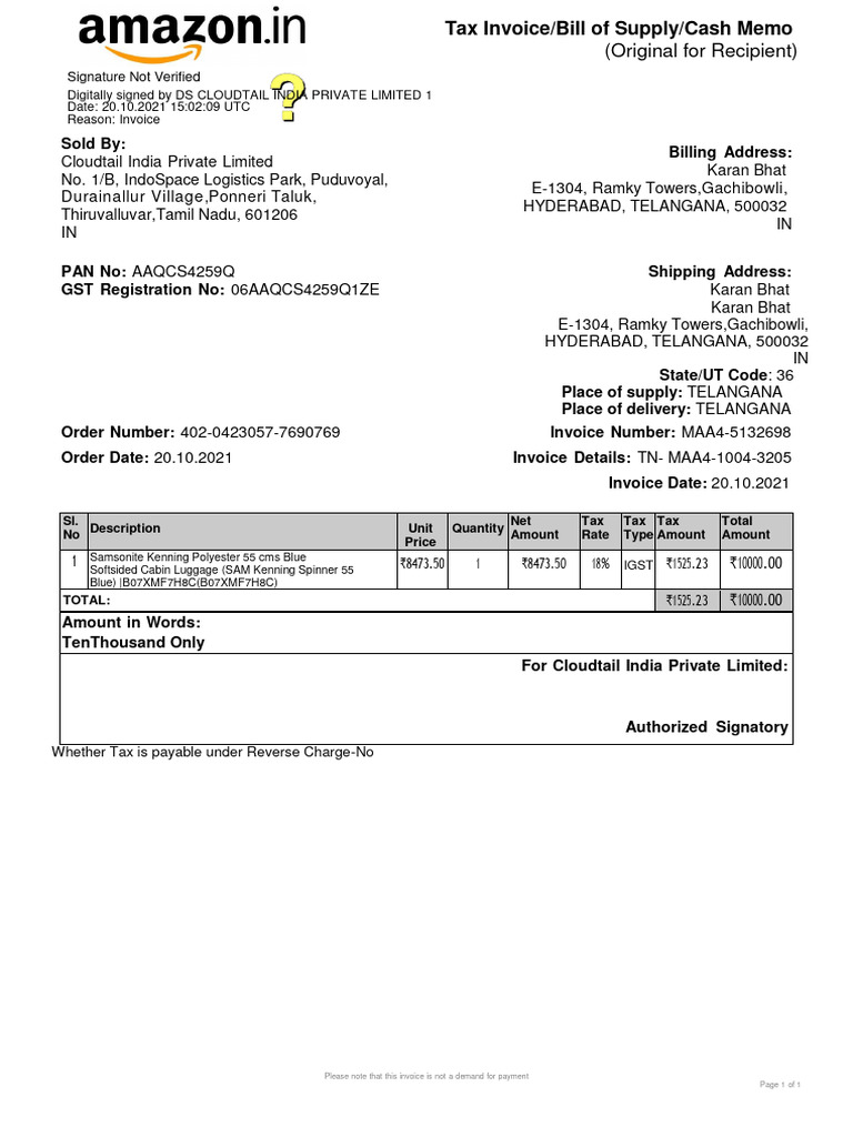 Samsonite Bill | Download Free PDF | Invoice | Taxes