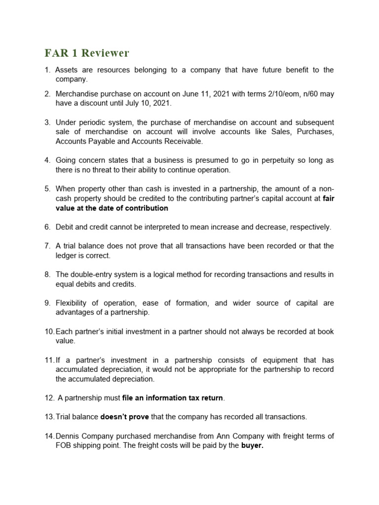 FAR 1 Reviewer - Theories | PDF | Debits And Credits | Partnership