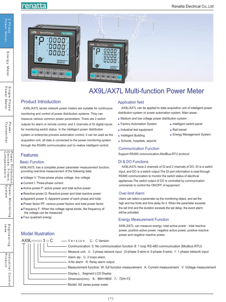 Renatta AX9L Intelligent Power Meter | PDF | Electric Power Distribution | Ac Power