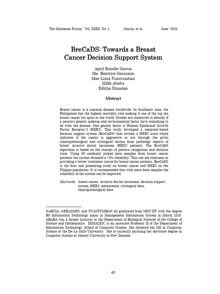 Breca Ds Towards Abreast Cancer Decision Support System | PDF | Breast ...