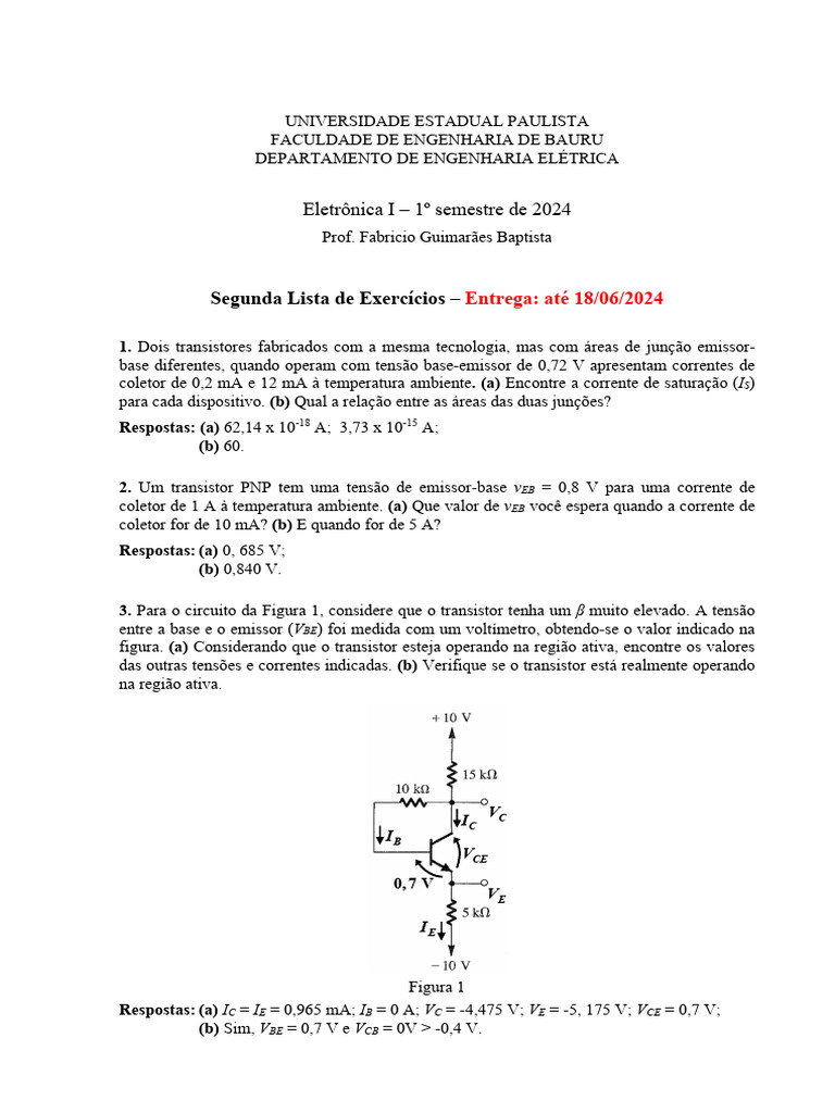 Lista2 Eletronica I 2024 | PDF | Rede elétrica | Transistor