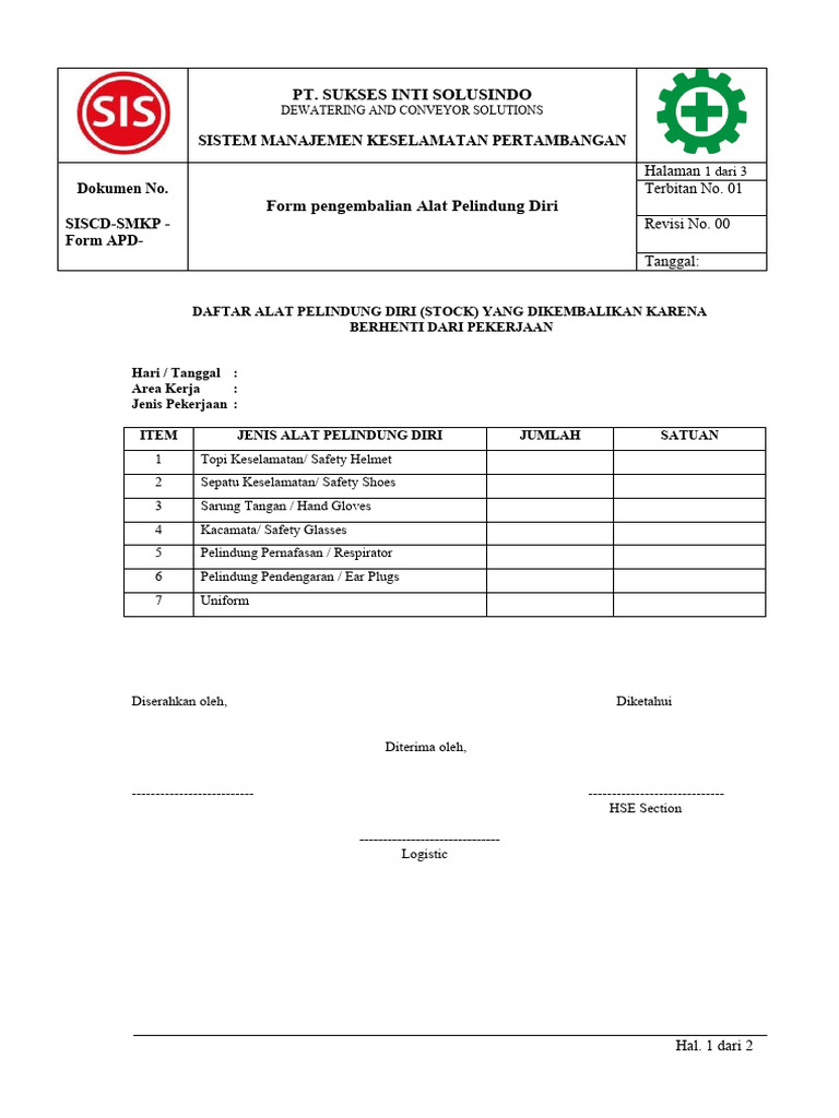 SIS-HSE-Form Pengembalian APD | PDF