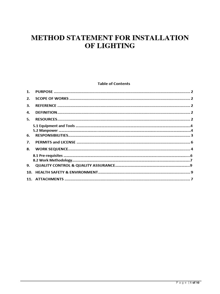 Method Statement For Installation of Lighting System | PDF | Electrical ...