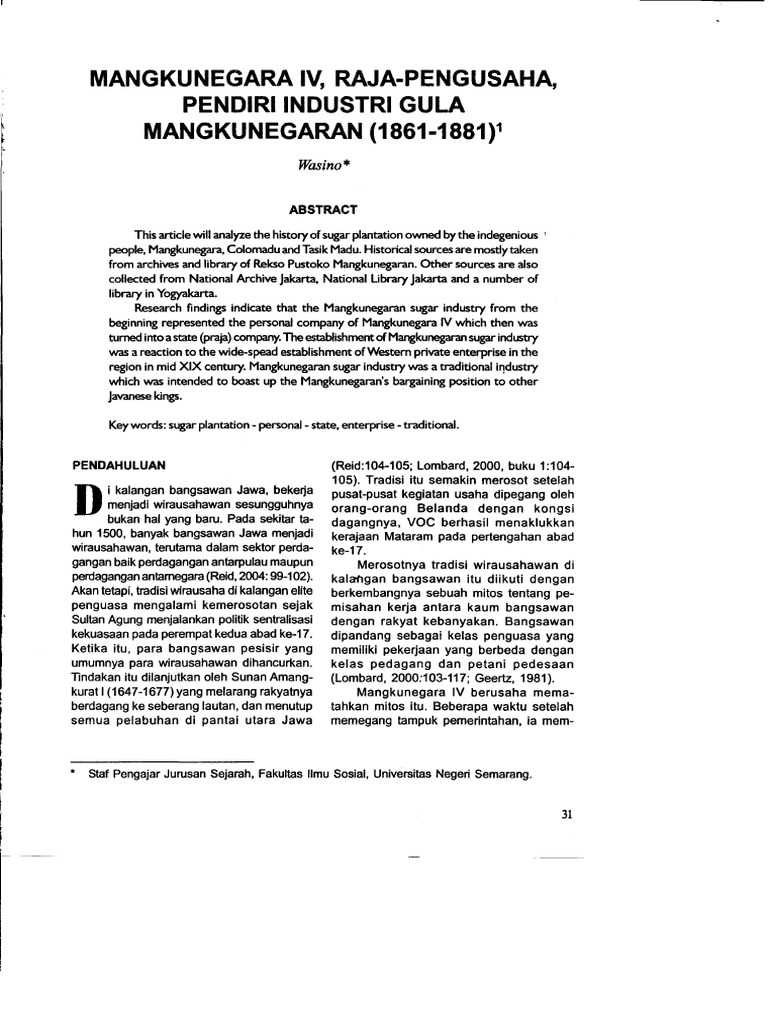 ID Mangkunegara IV Raja Pengusaha Pendiri Industri Gula Mangkunegaran 1861 1881 | PDF