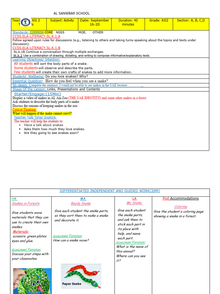 KG2 Snake Body Parts Activity | PDF | Pedagogy | Education Theory