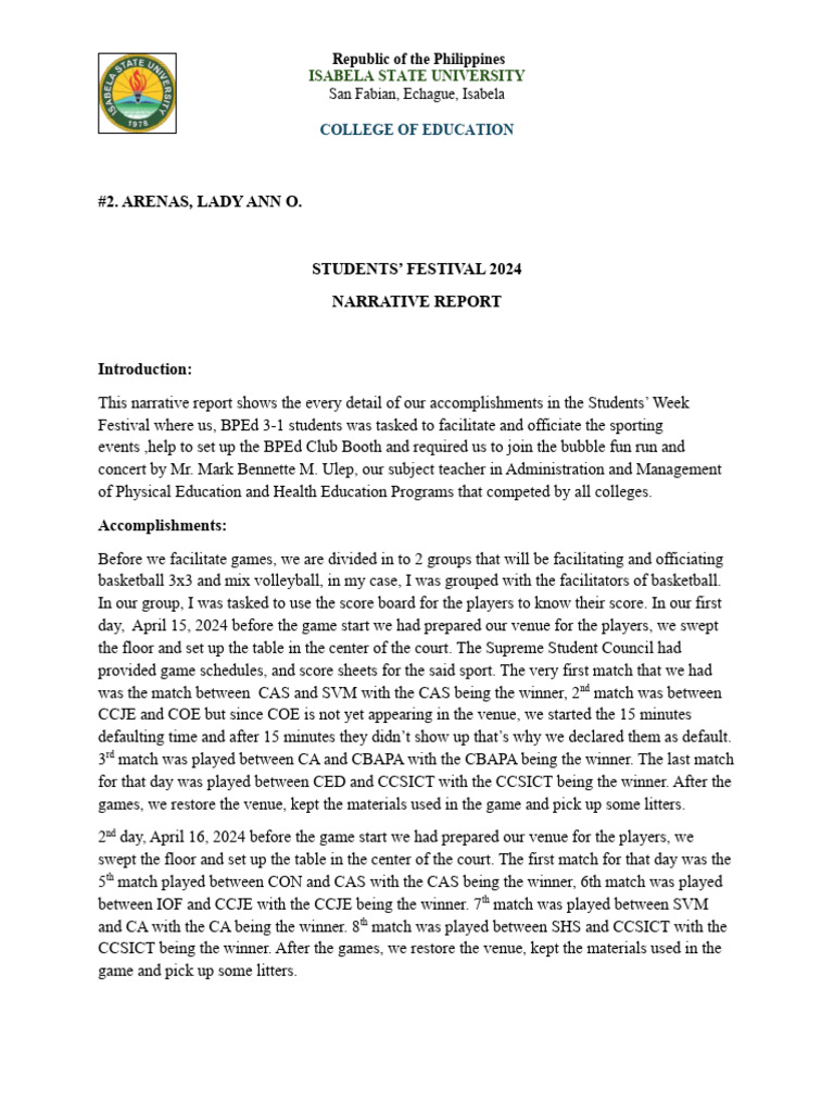 Students' Week Narrative Report | PDF