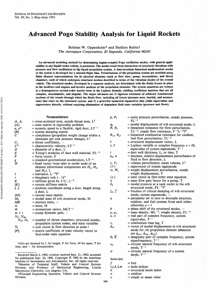 Advanced Pogo Stability Analysis For Liquid Rockets (Oppenheim-Rubin) | PDF | Eigenvalues And ...