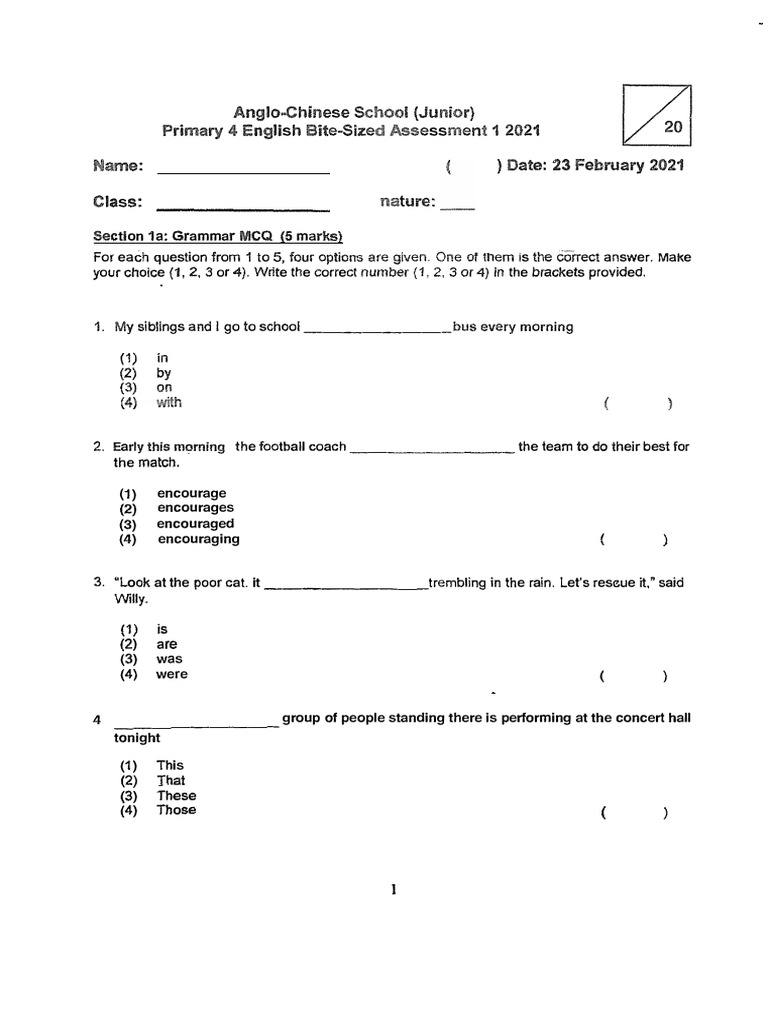 P4 English CA1 2021 Anglo Chinese School-Junior | PDF