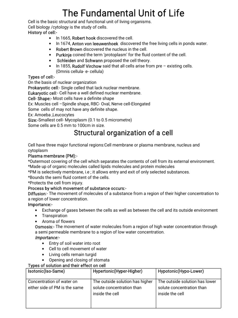 Cells Notes | Download Free PDF | Biology | Histology