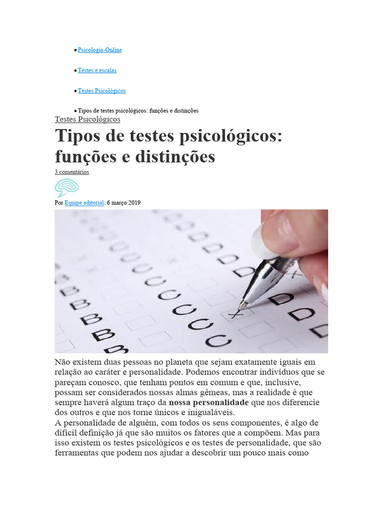 AVALIAÇÃO PSICOLÓGICA _ TIPOS DE TESTES PSICOLÓGICOS E UTILIZAÇÕES ...