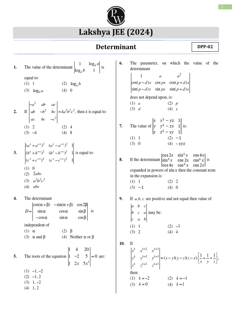 Determinant - DPP 02 (Of Lec 04) - Lakshya JEE 2024 | PDF | Equations | Mathematical Objects