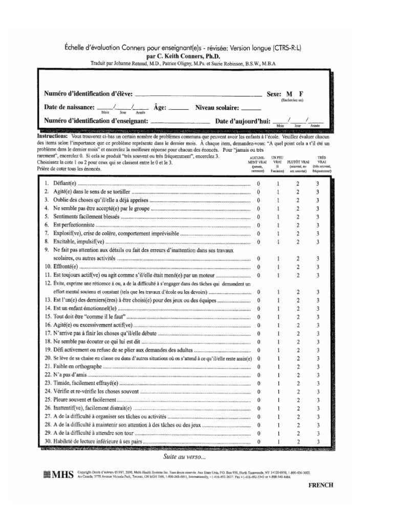 Questionnaire Conners version enseignant | PDF