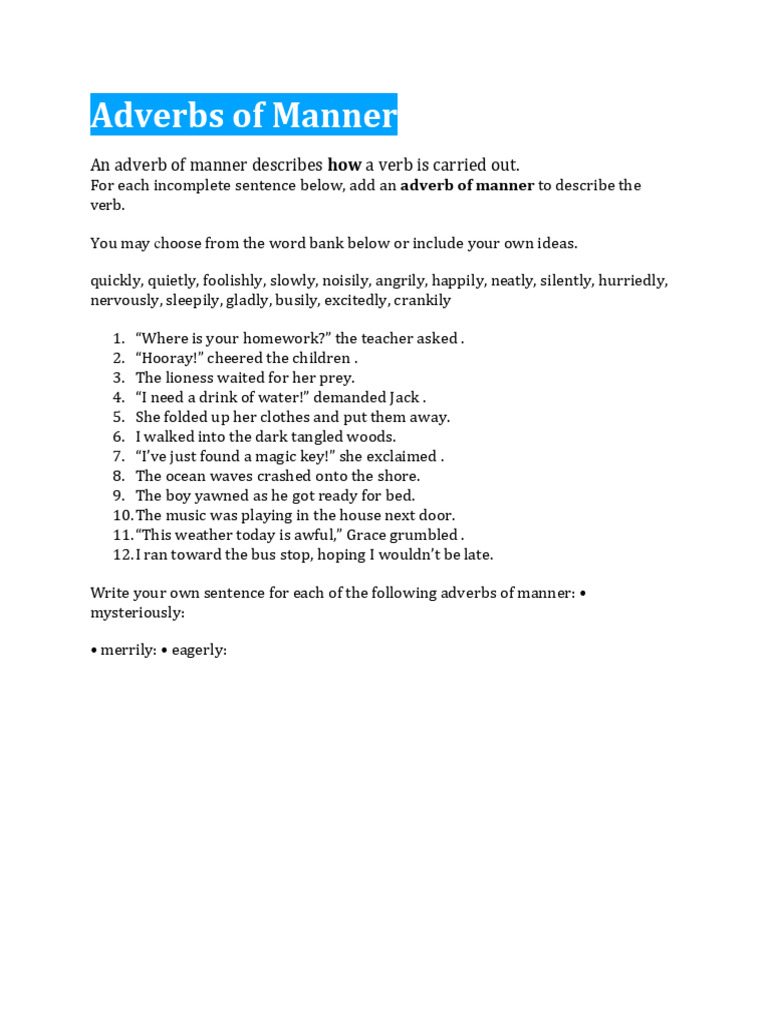 Adverbs of Manner Worksheet | PDF
