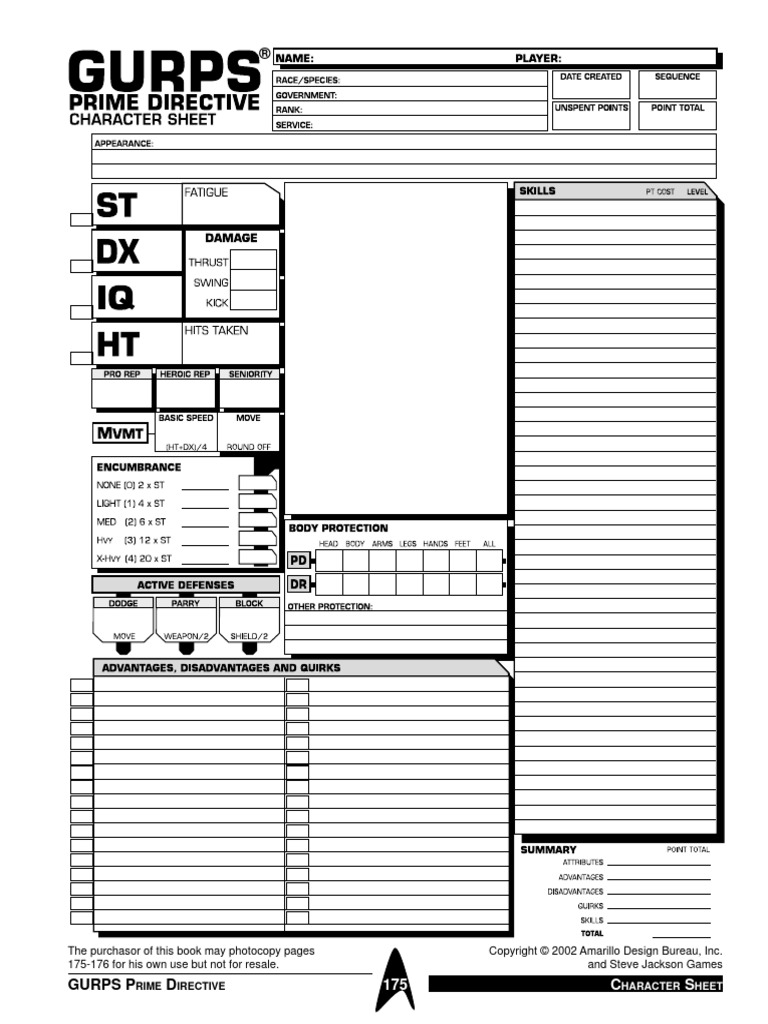 GURPS Prime Directive Character Sheet | PDF