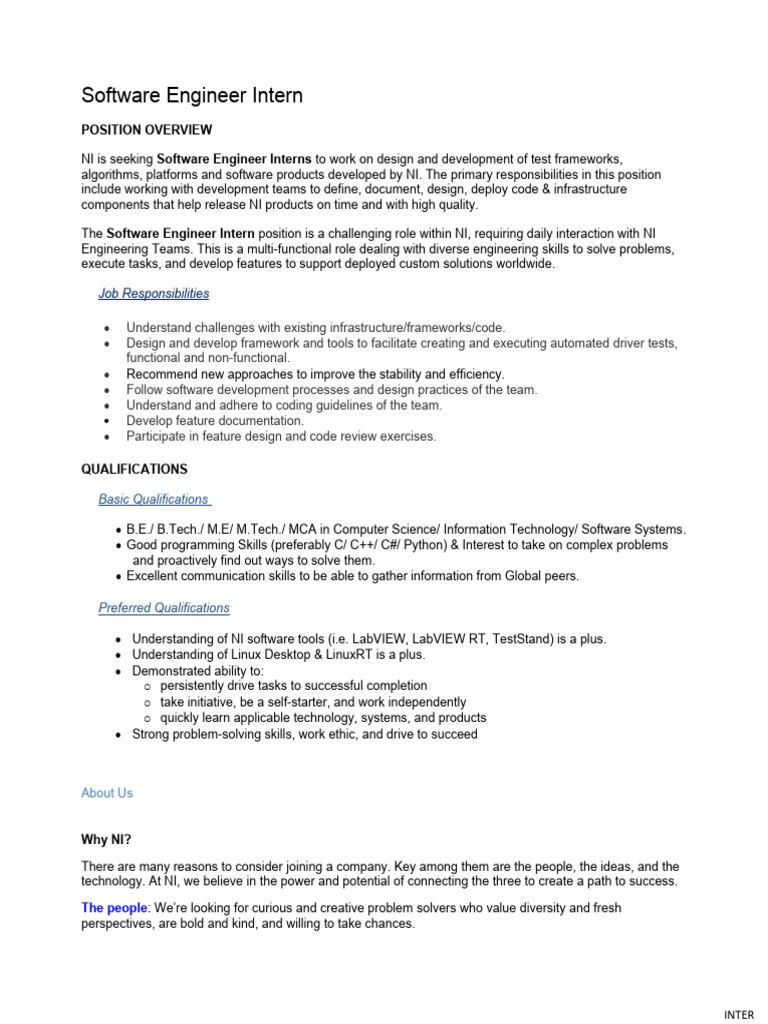 JD - Software Engineer Intern | PDF | Software | Software Framework